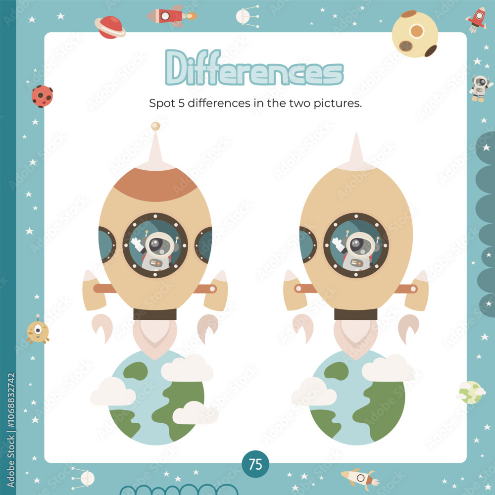 Outer Space activities for kids. Spot 5 differences in two pictures ...