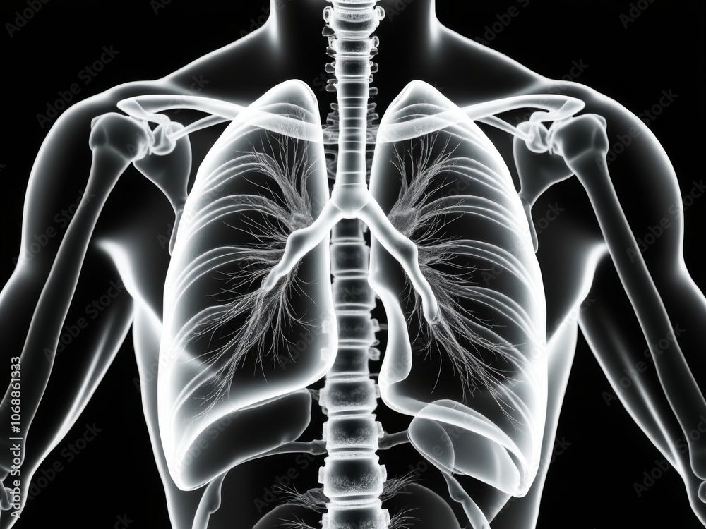 Grayscale x-ray style digital illustration of human lungs, showing ...