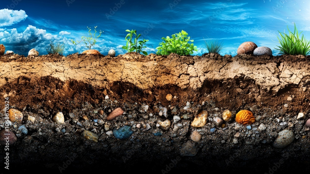 Cross-sectional view of soil layers with young plant and root system ...
