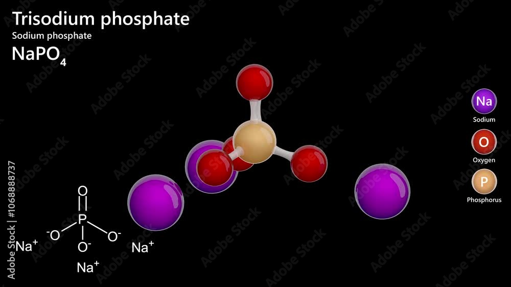 Trisodium Phosphate. E339. Animated 3D model of a molecule. Molecular formula: Na3PO4. Chemical ...