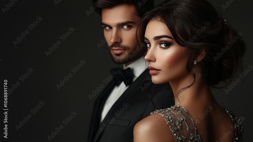 Elegant couple in formal attire pose for a glamorous portrait, exuding ...
