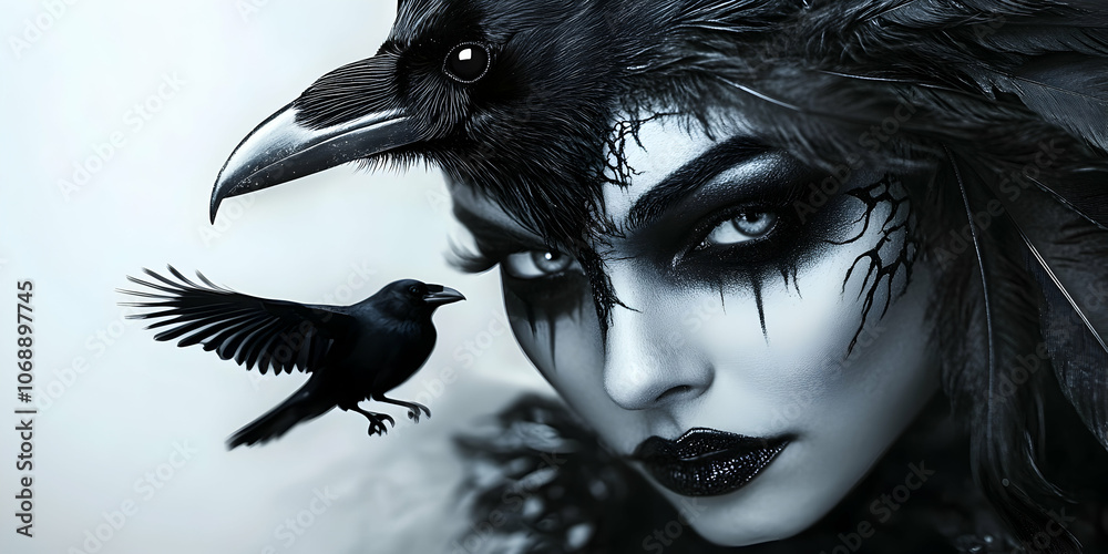 Gothic queen with dark makeup and crow, mysterious fantasy concept. 4k ...