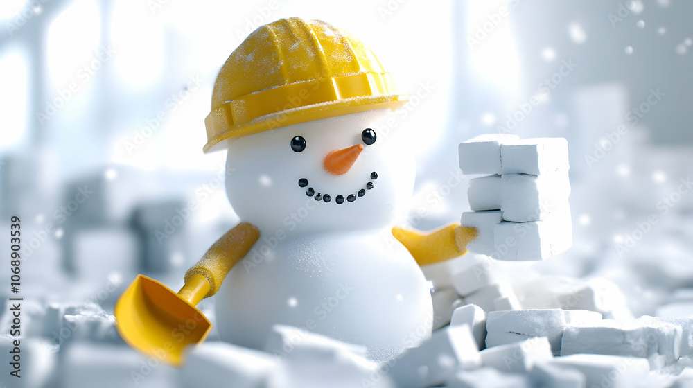 Snowman construction worker wearing a yellow hard hat and holding a ...