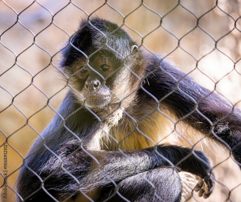 Mexican Spider Monkey looking through a fence at the zoo. Critically ...