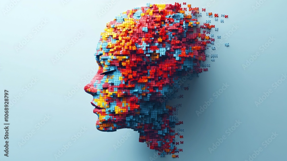 Head made of colorful blocks. The blocks are arranged in a way that ...