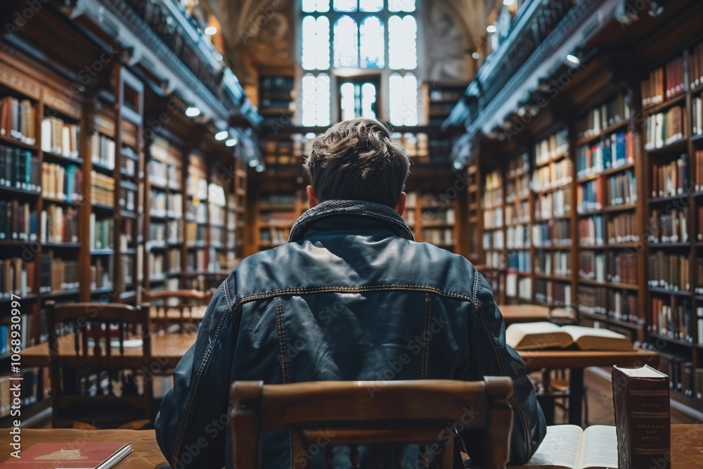 In a historic library, a student sits alone at a wooden table ...
