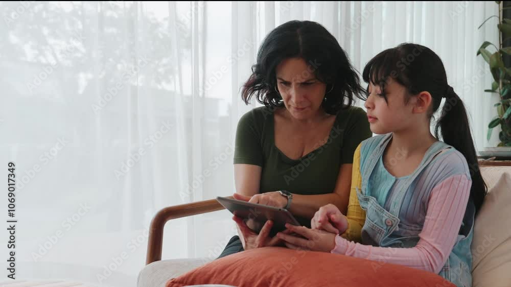 Granddaughter guide grandmother how to use touch screen control tablet ...