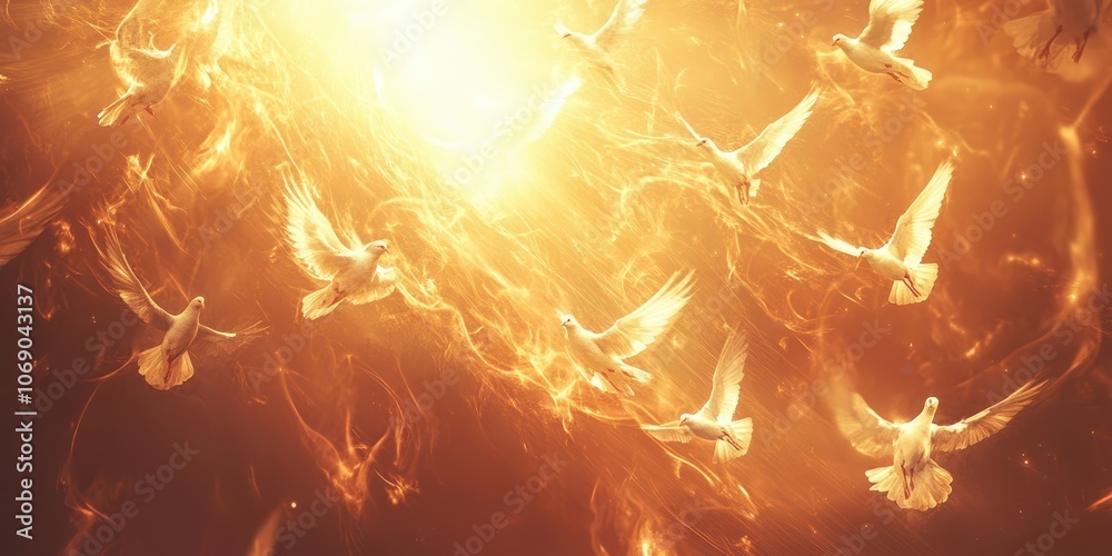Pentecost with doves and light rays: apostles receiving Holy Spirit ...