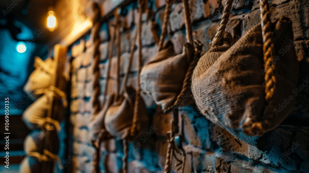 Dimly Lit Backstage Theater Scene with Brick Wall, Ropes, and Sandbags ...