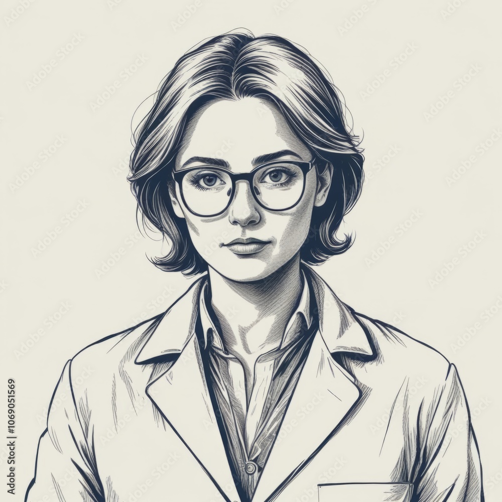 A confident woman in a lab coat with glasses poses for a professional ...