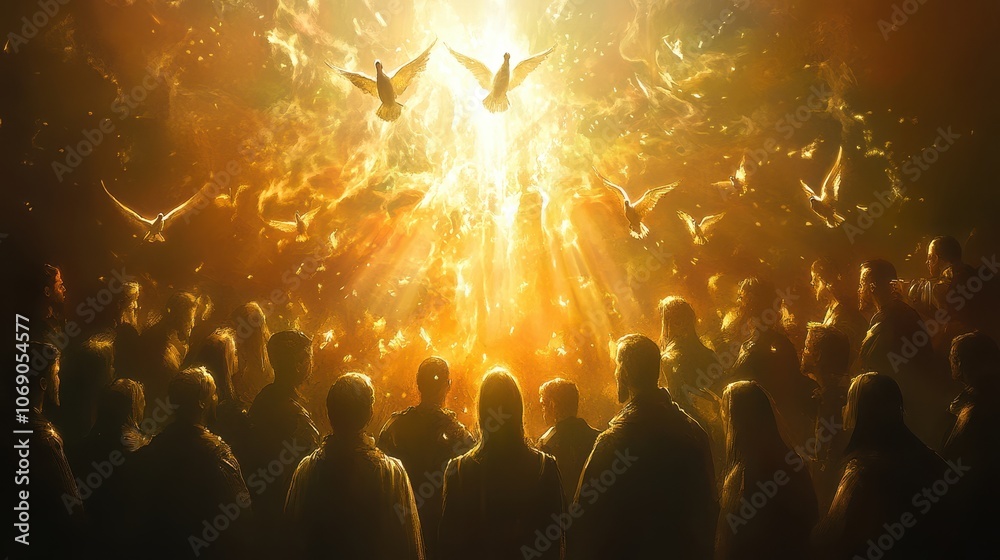 Apostles receiving the Holy Spirit at Pentecost: light rays shining ...