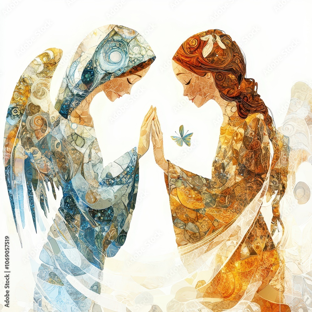 Modern Annunciation art, Mary and angel Gabriel with symbolic elements ...