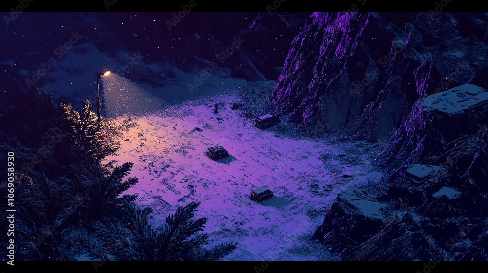 Glitch-infused wasteland with dark rocks, pixelated dust, and faint ...