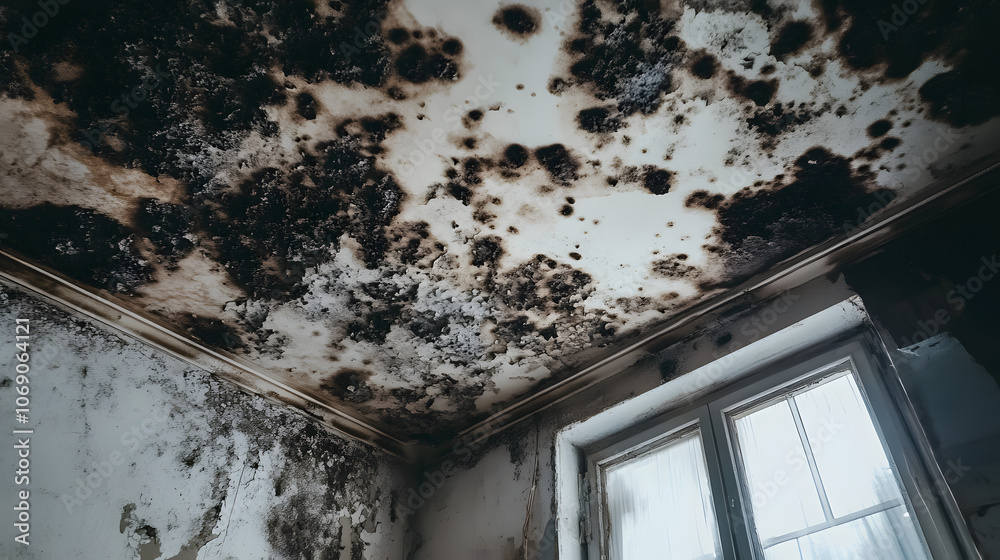 Close-Up of a Moldy Ceiling in an Old Apartment, Showing Water Stains ...