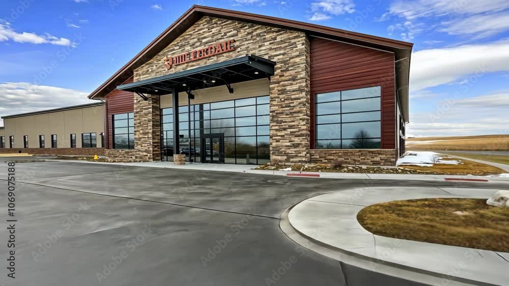 A modern stone building with a large glass front entrance, surrounded ...