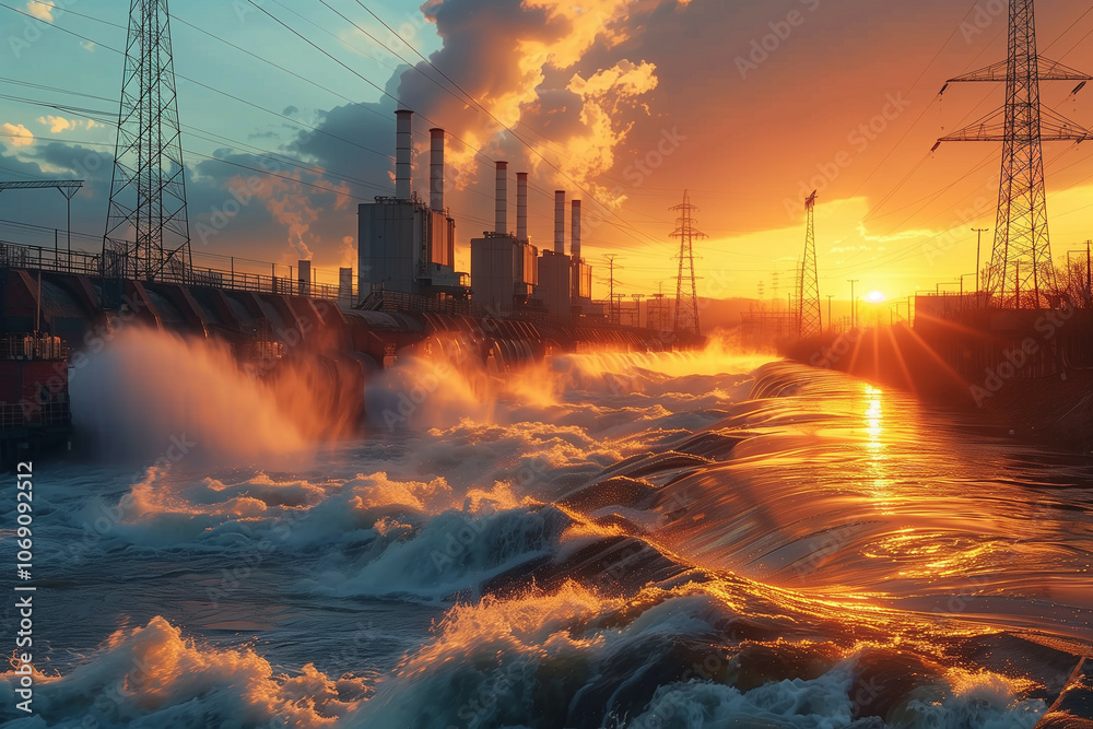 Dynamic Sunset Scene of a Hydroelectric Power Station with Turbulent ...