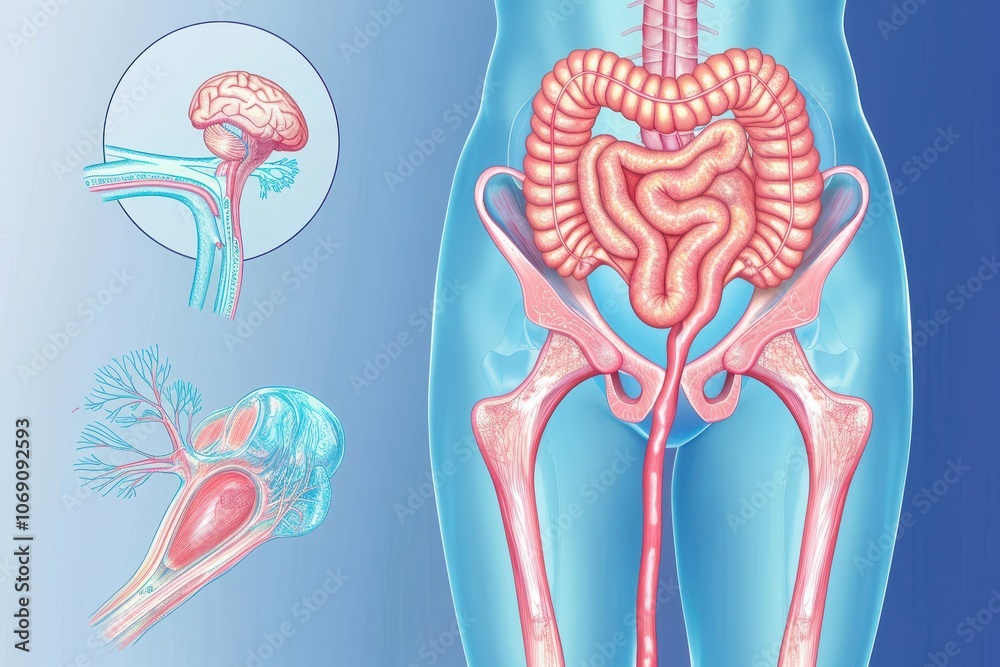 Anatomical illustration showcasing the human digestive and urinary ...