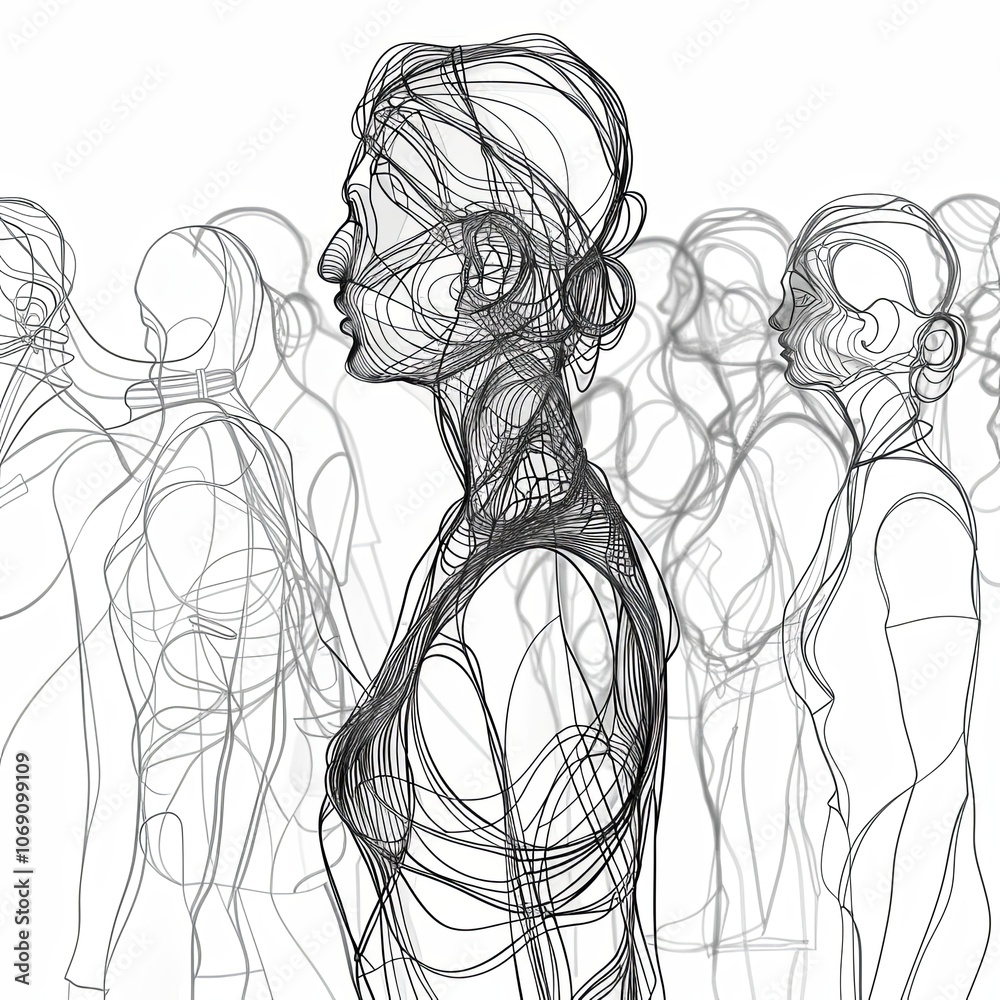 The black and white drawing depicts a crowd of people and we see many ...
