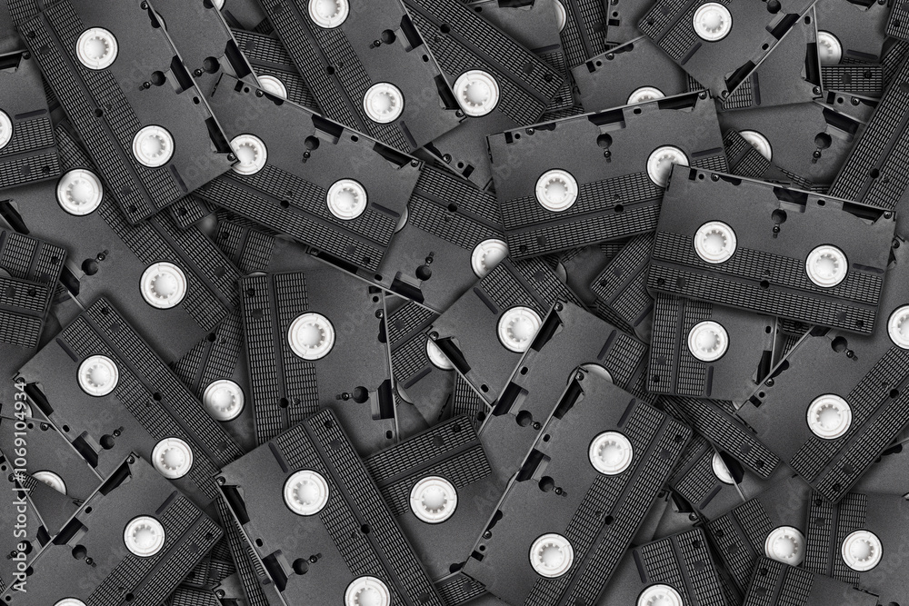 Black VHS tapes stacked in a group background. Textured pattern ...
