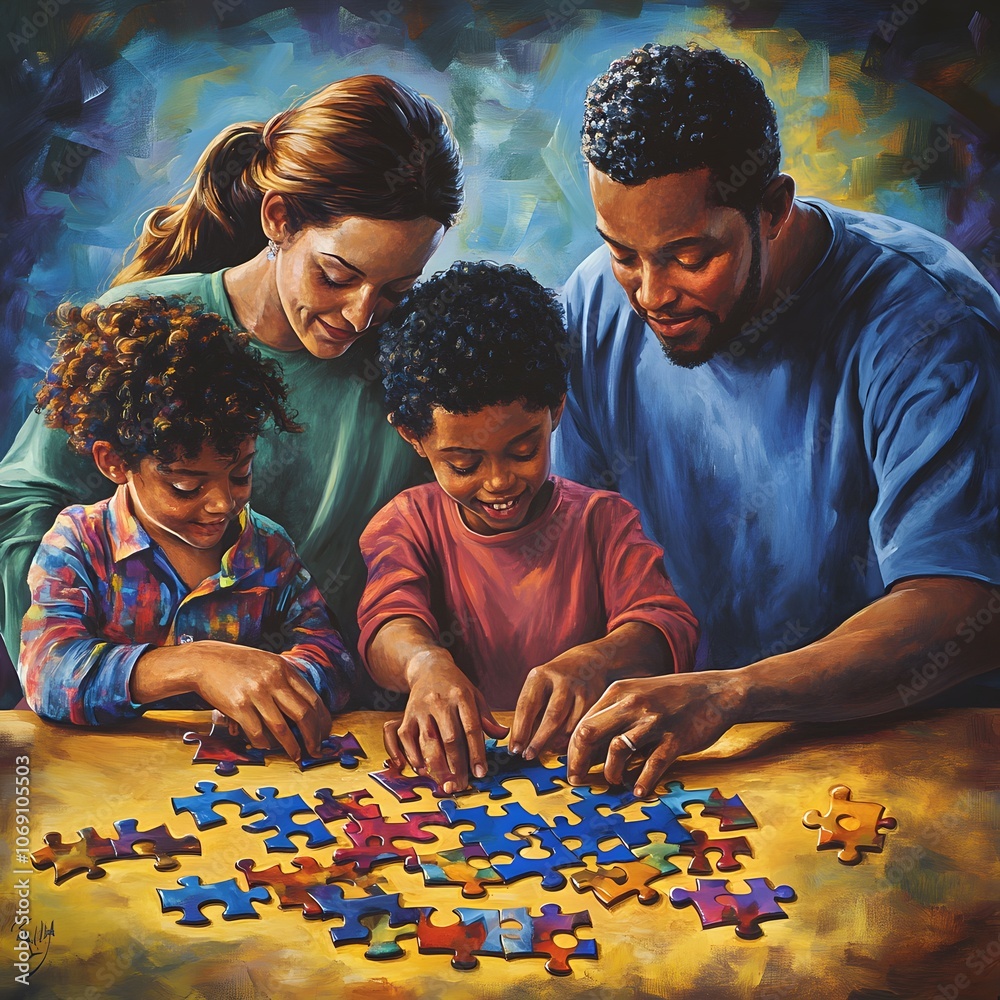 A heartfelt depiction of a family engaged in supportive activities ...