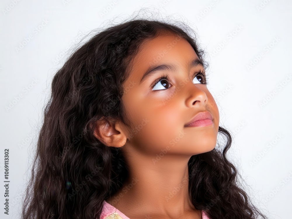 brazilian student girl with an inquisitive expression, gazing sideways ...
