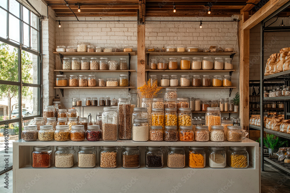 A modern kitchen store display in neutral palette featuring glass jars ...