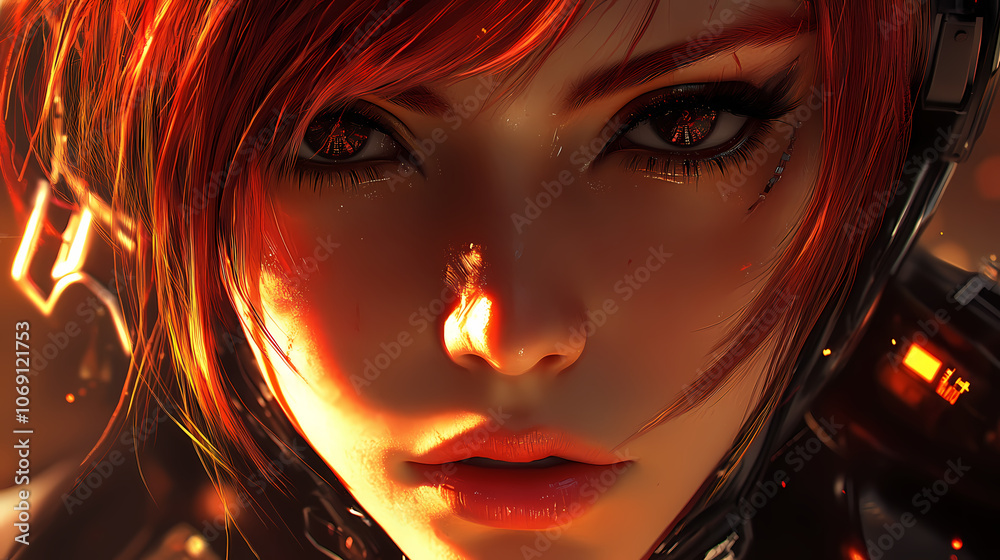 Face of a cyberpunk 3d anime style cyborg woman looking seriously ...