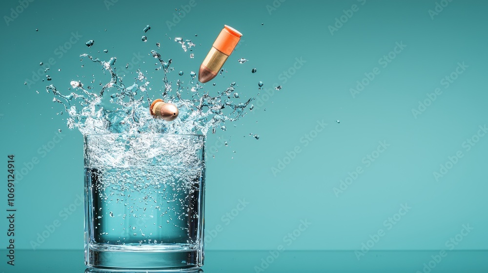 A glass of water shattering upon impact as a bullet pierces through it ...