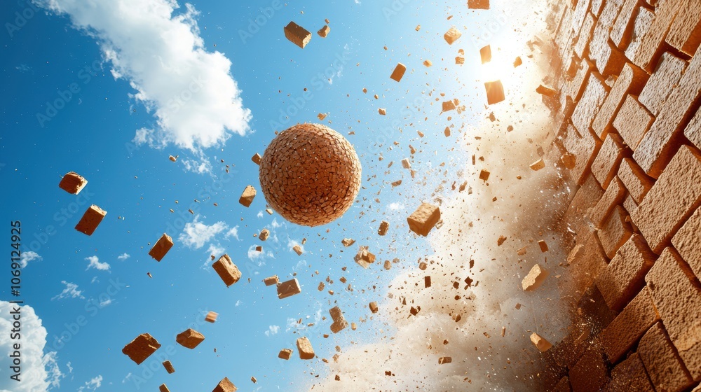 A demolition ball swinging through the air before crashing into a brick ...