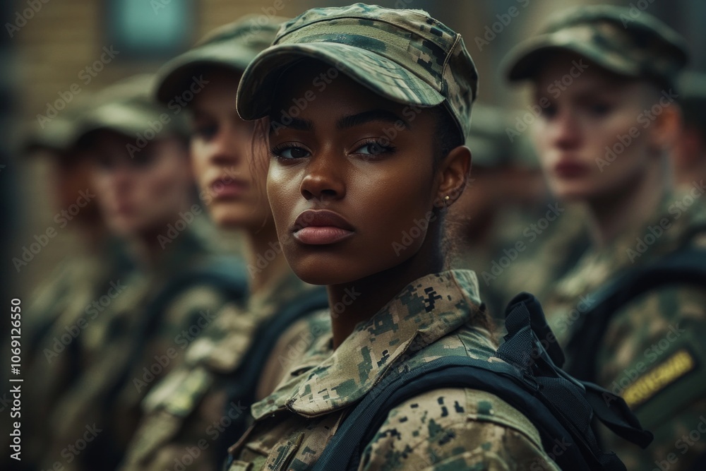 A determined female soldier stands at the forefront among her comrades ...