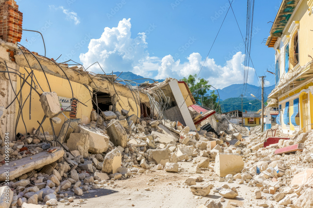 Collapsed buildings and rubble fill a city street after a devastating ...