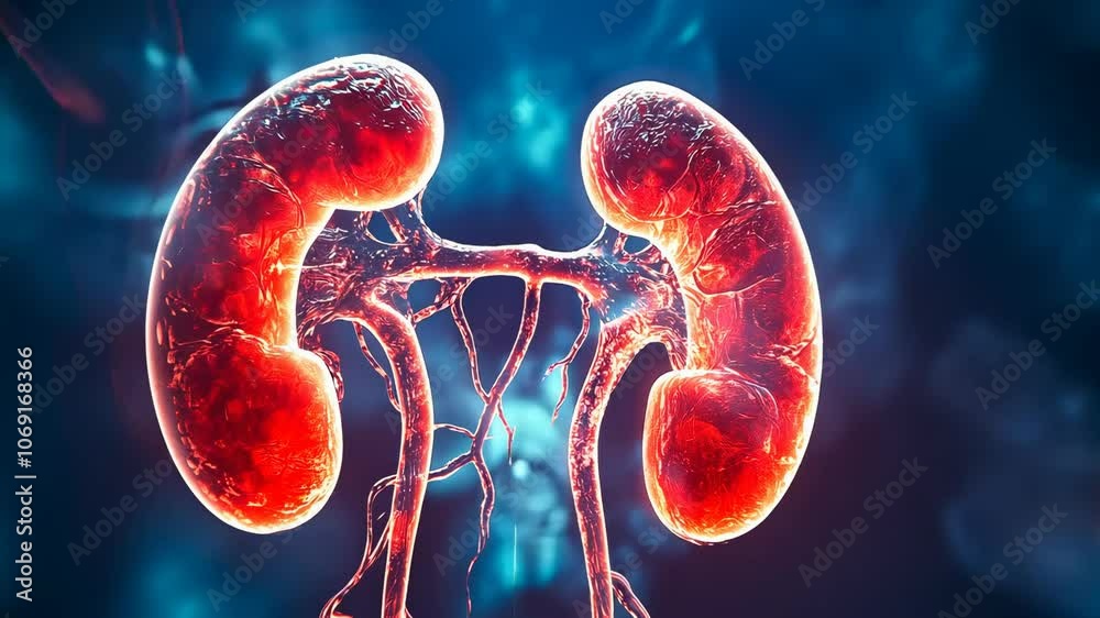 Vivid depiction of human kidneys highlighted in red against a moody ...