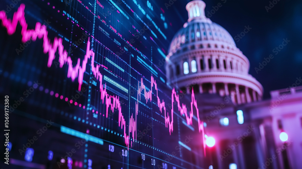 The iconic Capitol Building dome, overlaid with animated stock line ...