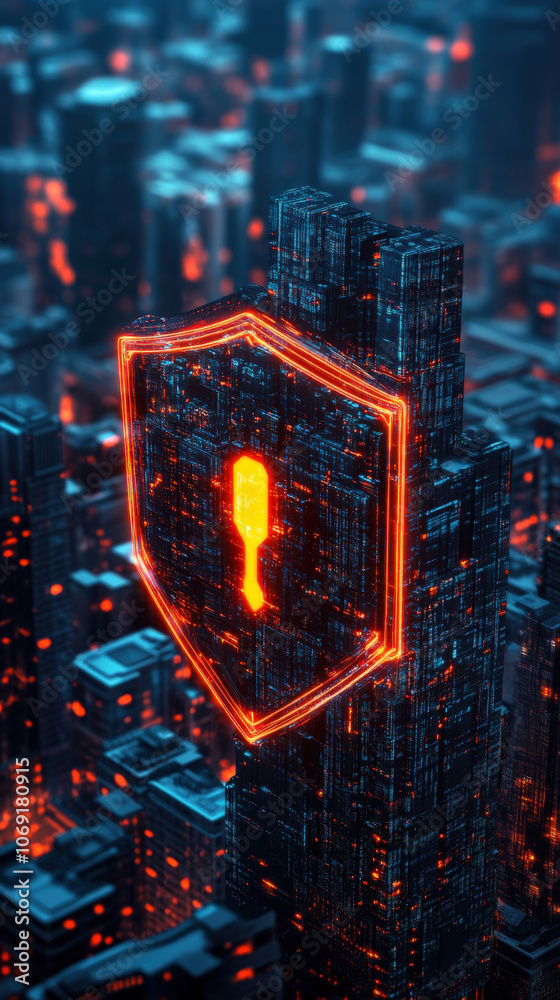 AI cyber defense system, visualized as glowing digital shields ...