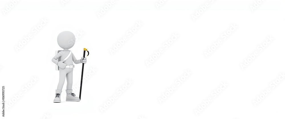 3D minimalist white stick figure with hiking gear and walking stick ...