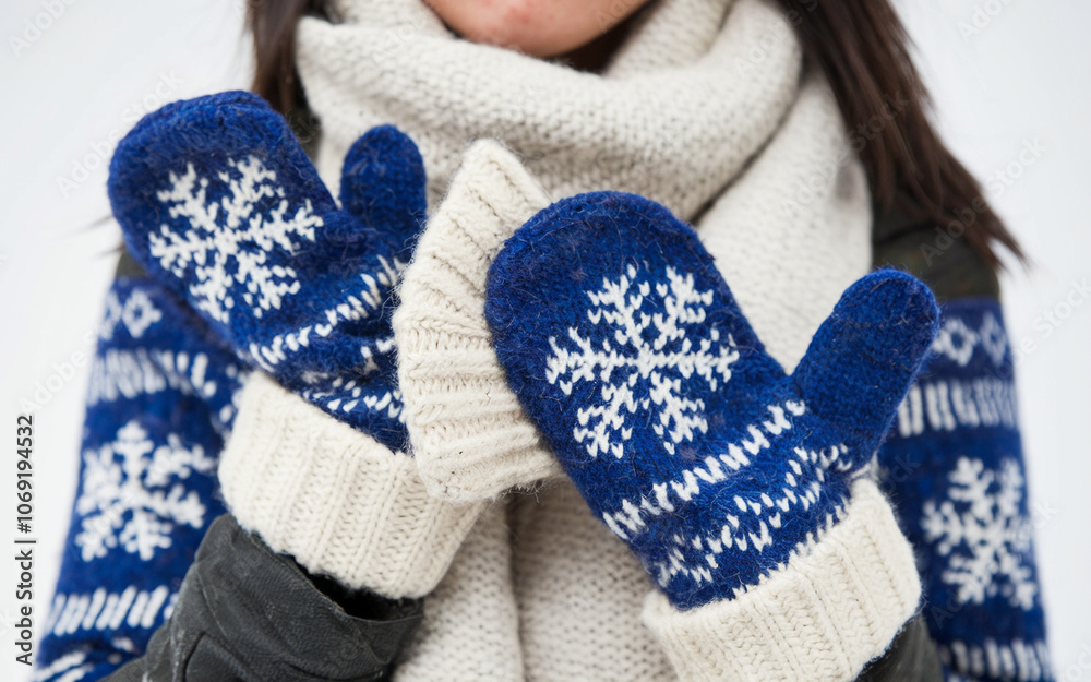 Cozy winter mittens and scarf set with snowflake patterns on a plain ...