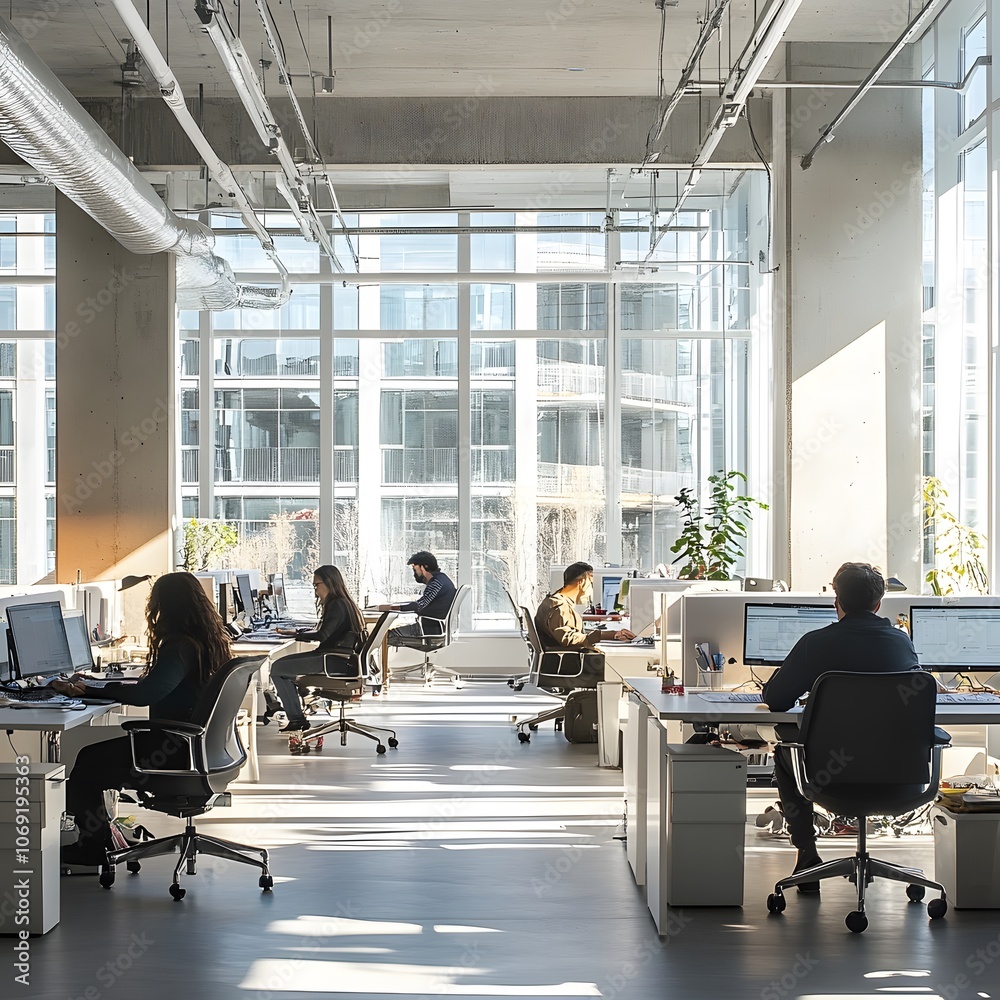 An open office space with expansive windows allowing natural light to ...