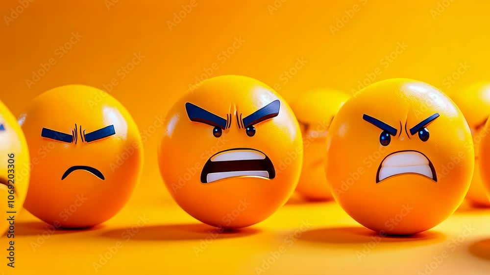 An array of angry emoji faces displayed on yellow spheres, capturing ...