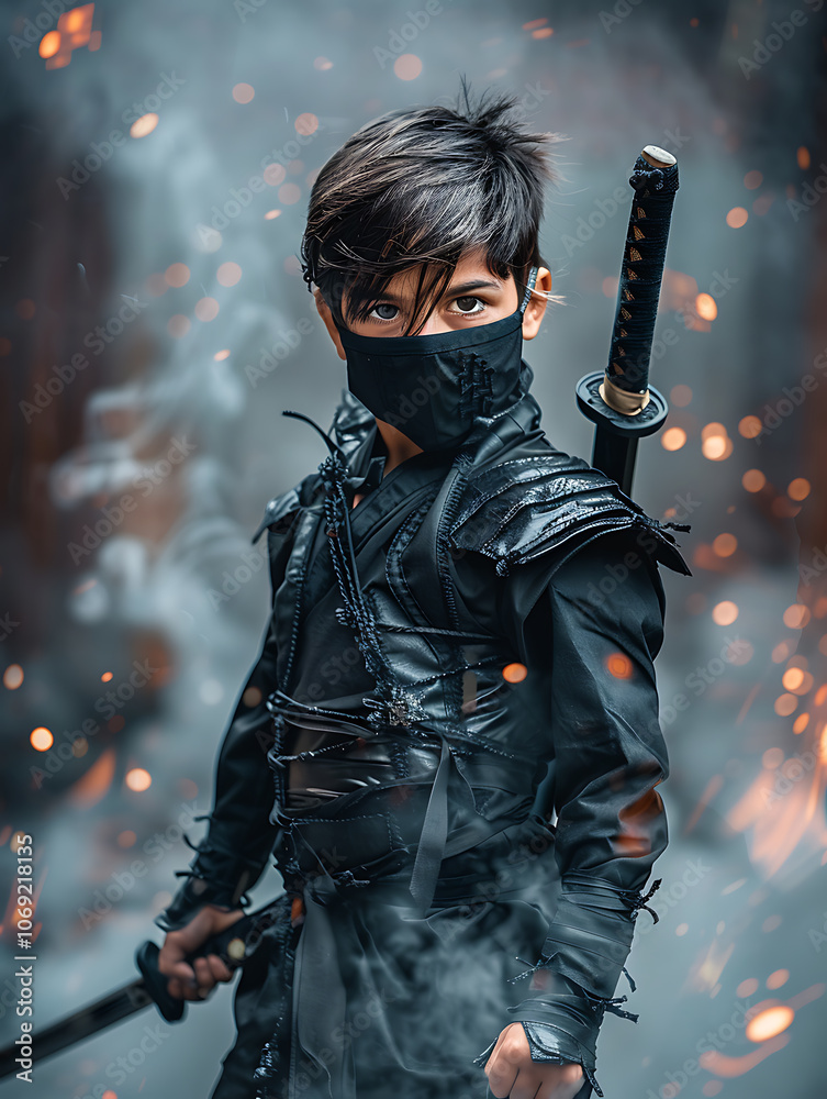 ninja warrior costume, a boy in a visible-face ninja warrior costume ...