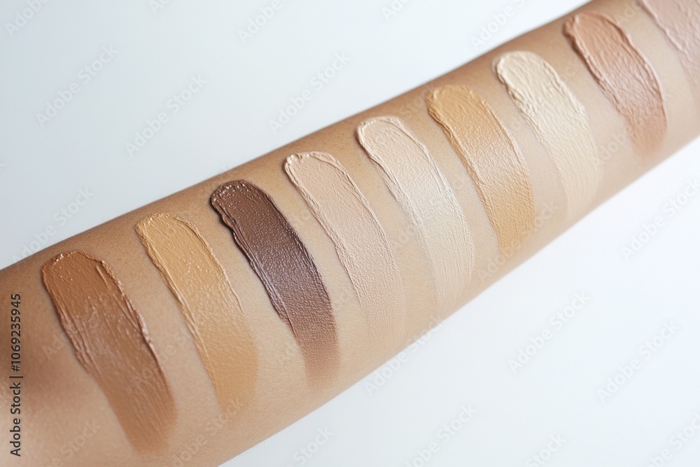 An arm with swatches of foundation in a range of skin tones, displayed ...