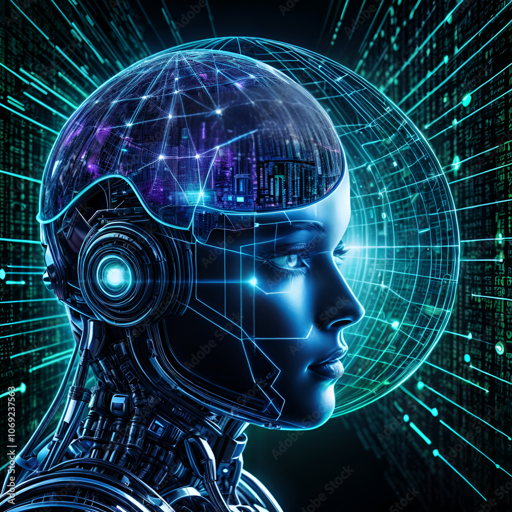 Robots mixed with binary codes in graphic panels and high-tech ...