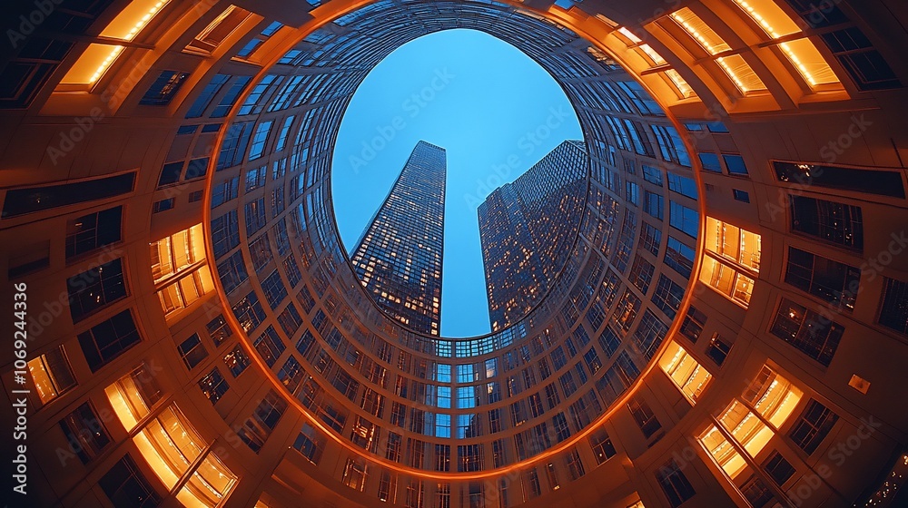 A low angle view of two skyscrapers seen through a circular opening in ...