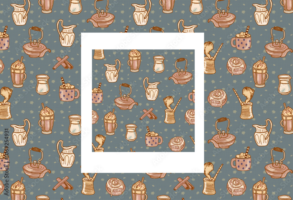 Seamless blue retro pattern - coffee with buns. Vintage background for ...