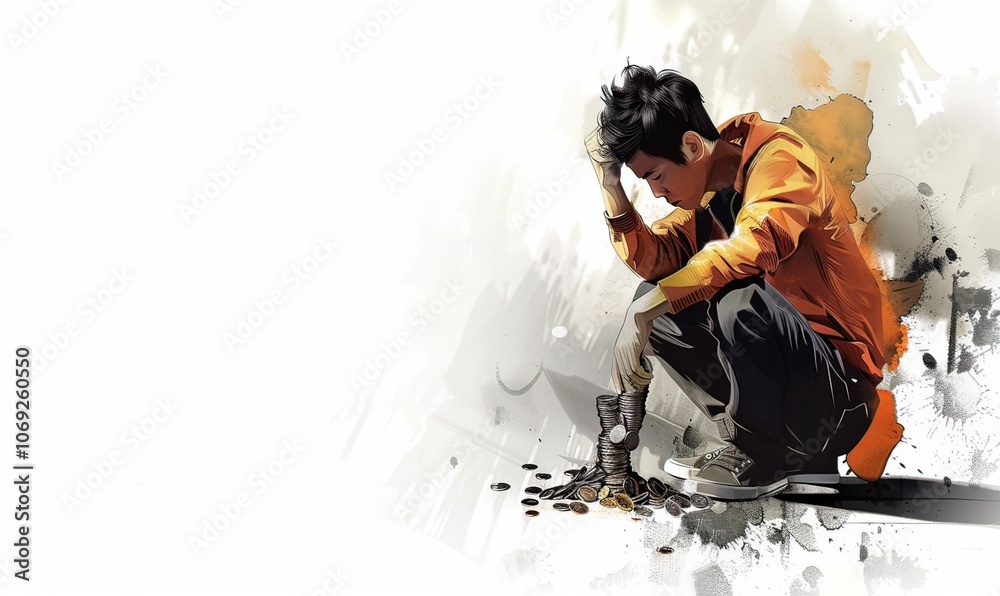 A dedicated worker sits on the ground, counting coins from a meager ...