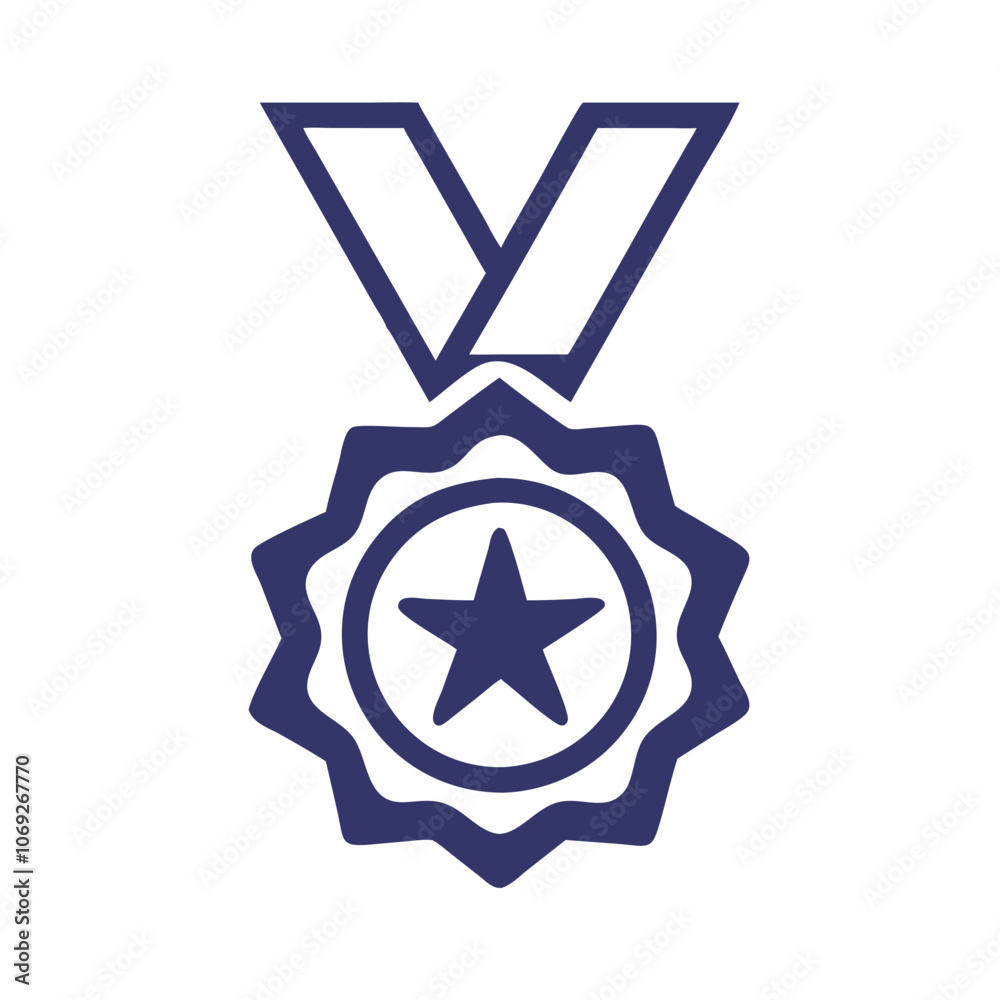 Blue Medal Icon with Star and Ribbon, Simple blue medal icon featuring ...
