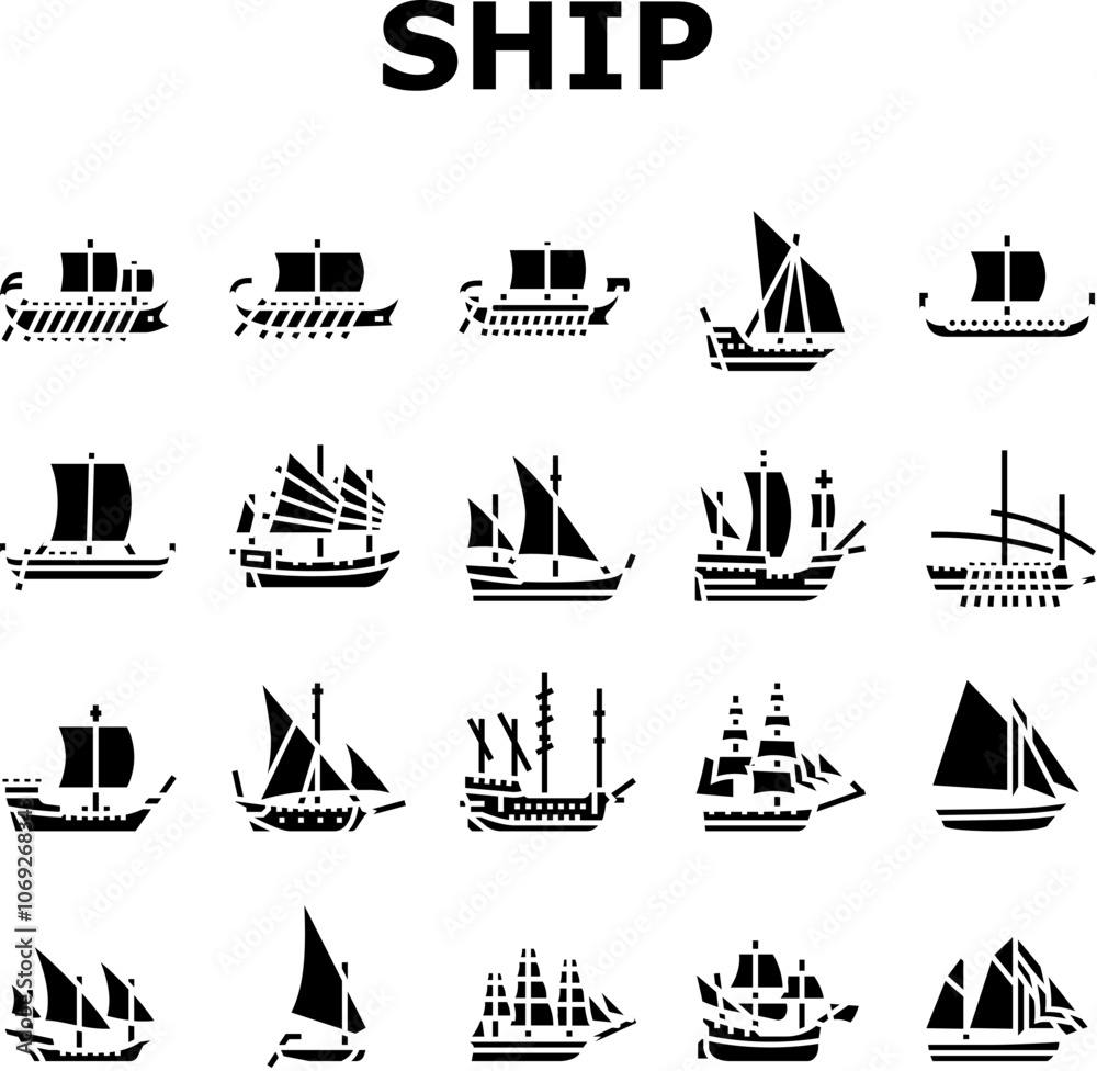 ancient ship maritime vessel icons set vector. navigation exploration ...