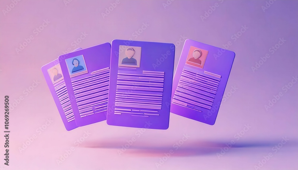 Three floating identity cards with photo slots, displayed against a ...