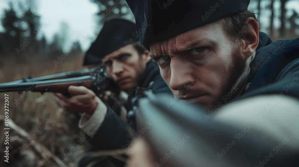 Two Napoleonic soldiers crouching behind cover, muskets aimed at an ...