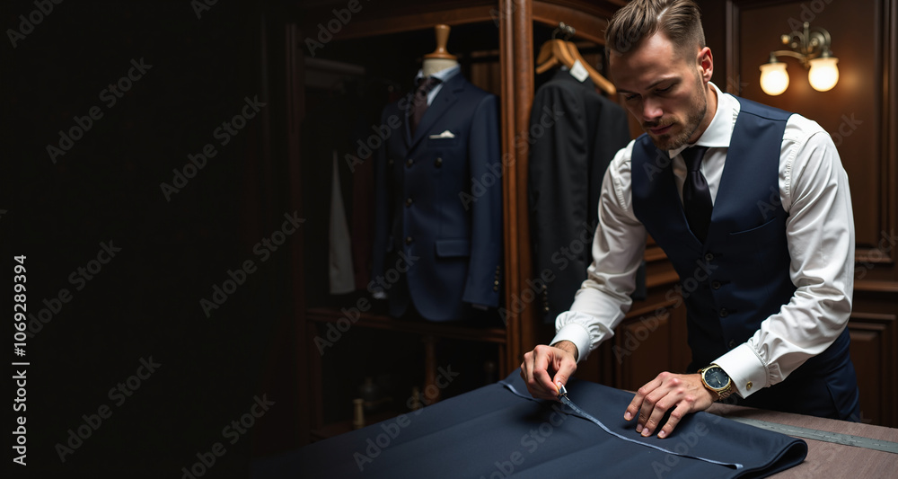 Bespoke tailor measuring fabric for a custom suit in an elegant studio ...