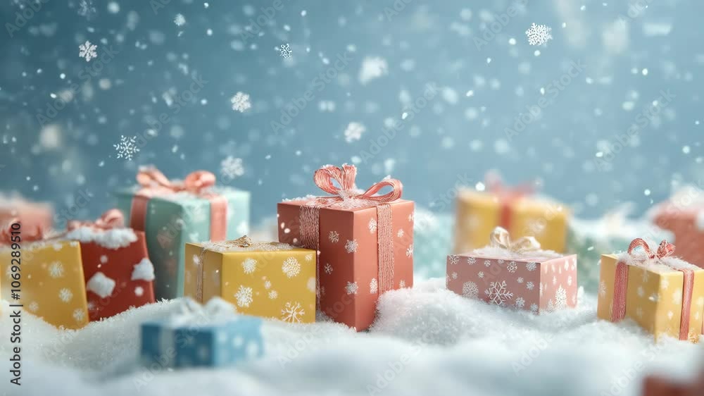 Colorfuls gifts in snow with bokeh background during snowfall ...